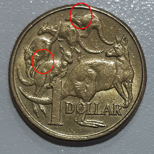 2015 1 dollar Australian coin Missing Leg on Roo & Cud Error – Zero Rising